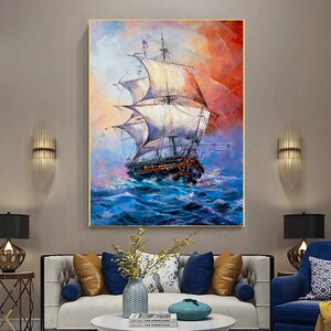 Sailing Ship Art Print Nautical Wall Art Blue Red Canvas Art Sailing ...