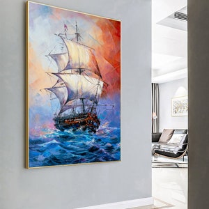 Sailing Ship Art Print Nautical Wall Art Blue Red Canvas Art Sailing ...