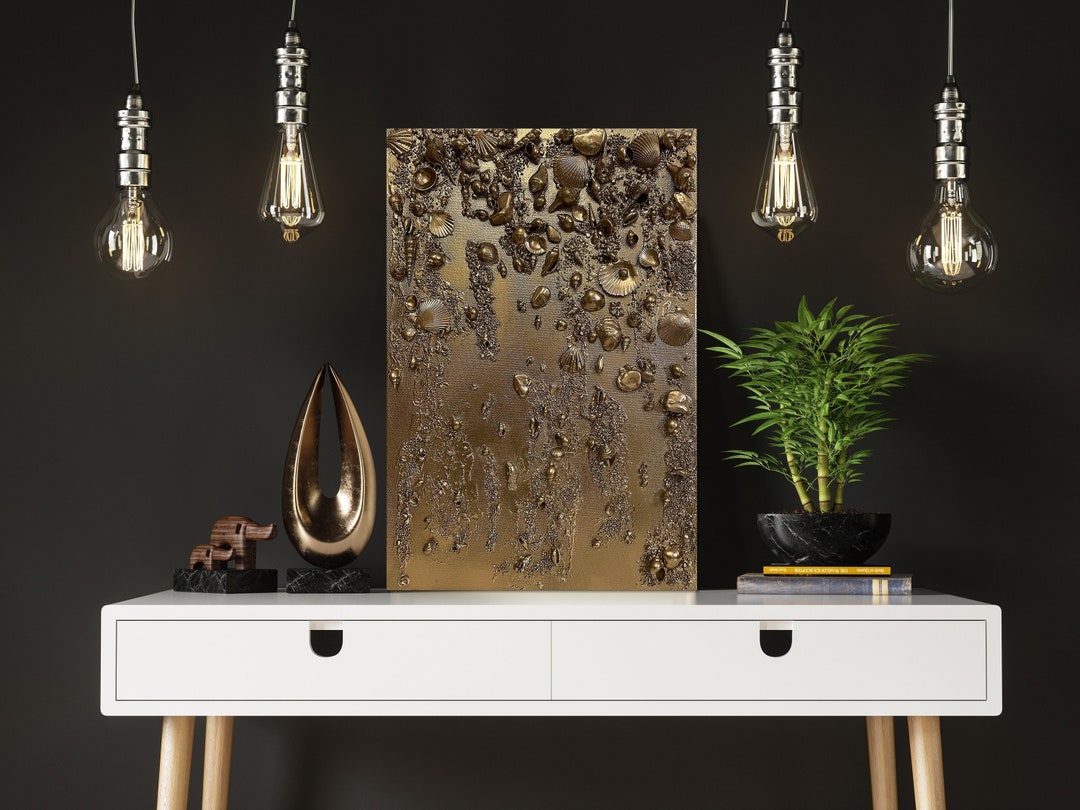 Seashell Canvas Wall Art Shell Painting Gold Seashell Decor Shore House ...