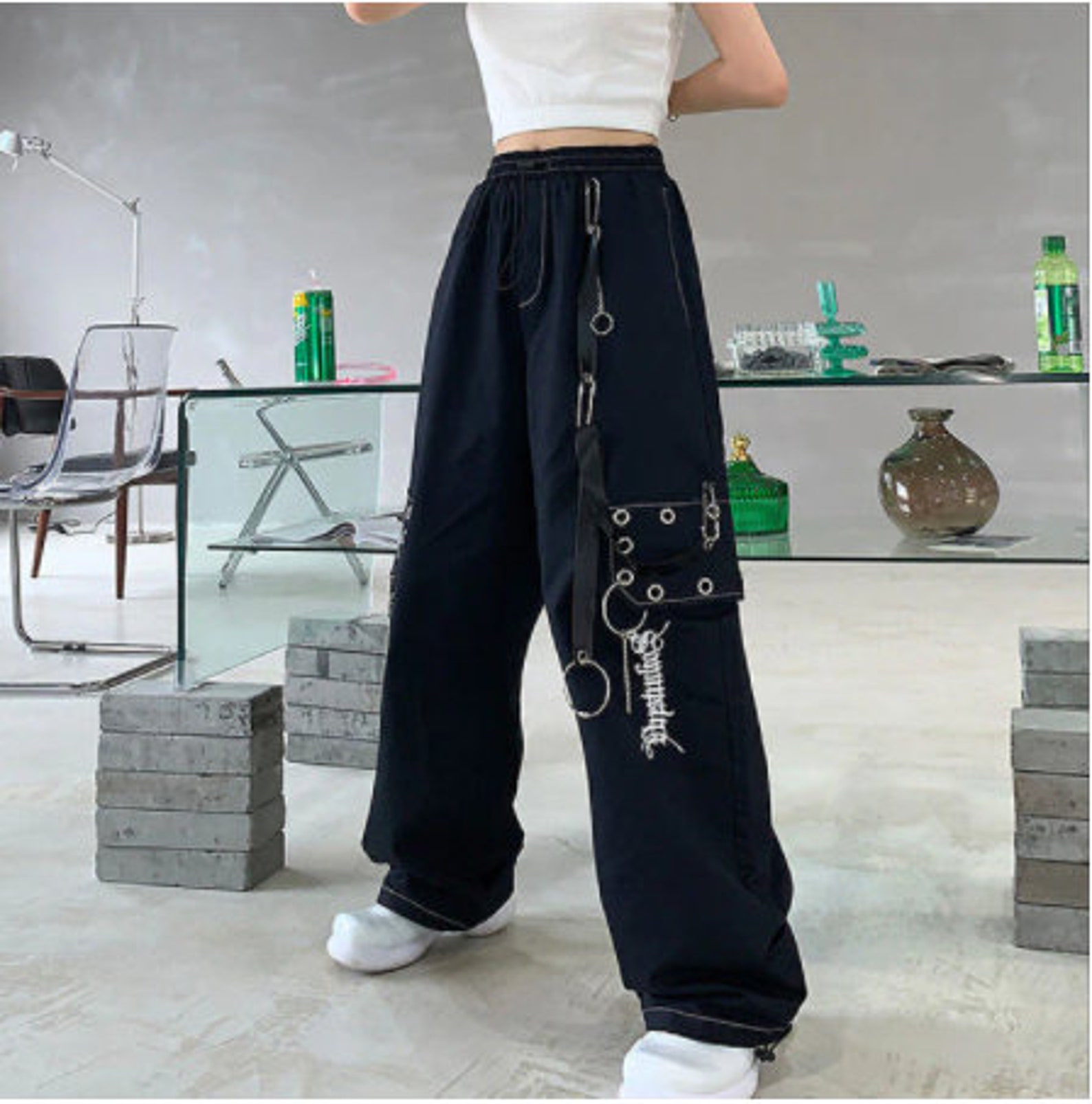 Gothic Harajuku Black Cargo Pants Women Chain Wide Leg Goth Etsy