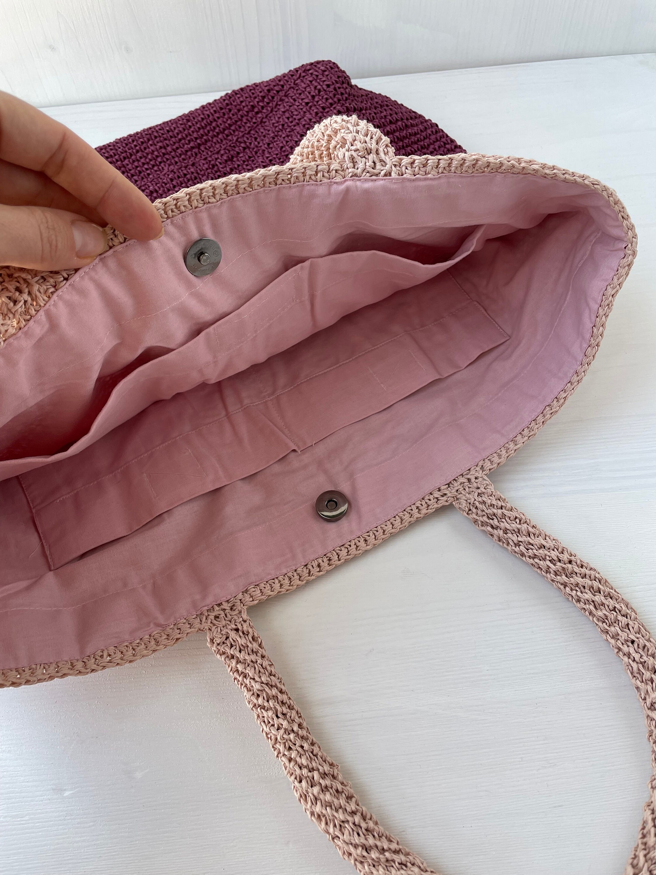 Large Raffia Bag Lilac Tote Color Block Handbag Handmade Paper Yarn ...