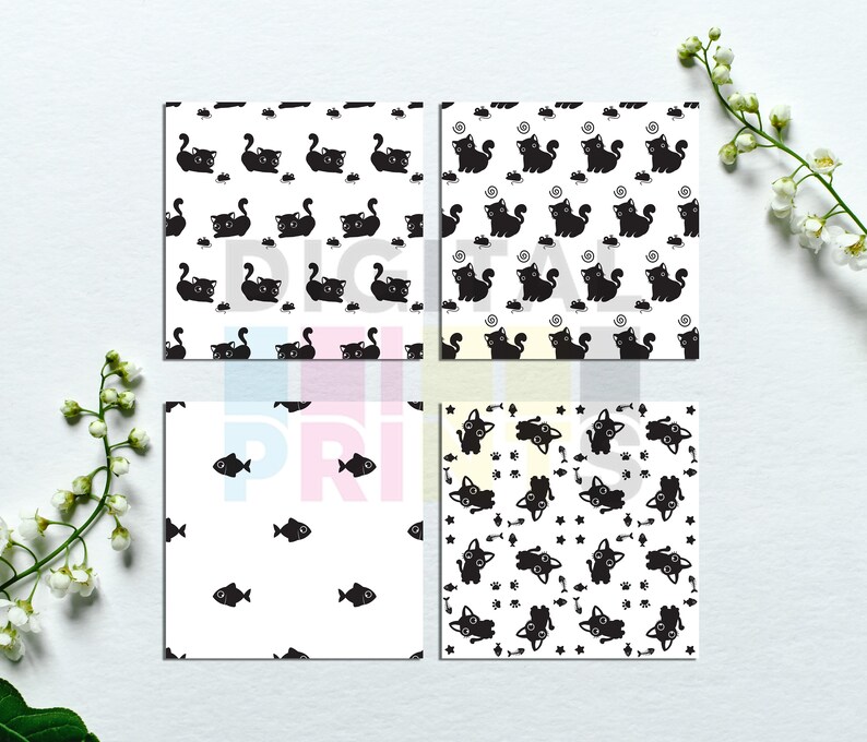 Black and White Cat Digital Paper Pack, Cat Seamless Papers, Kitten ...