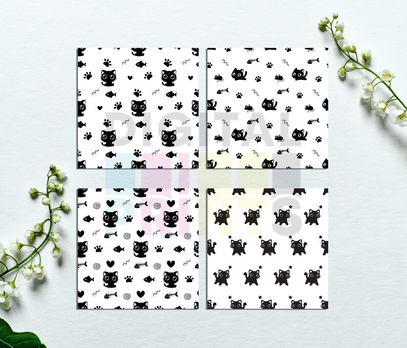 Black and White Cat Digital Paper Pack, Cat Seamless Papers, Kitten ...