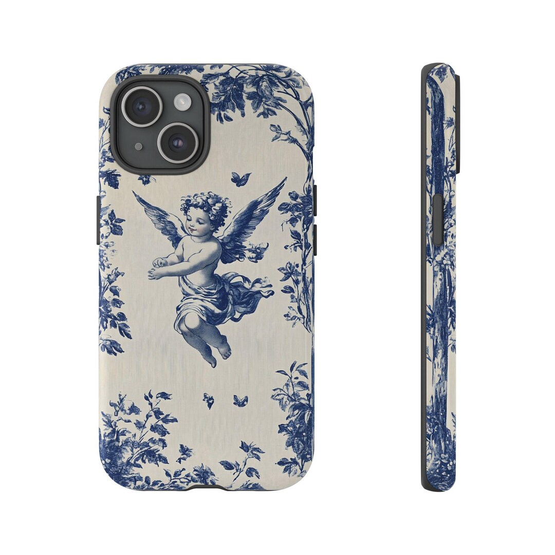 Vintage Angel iPhone Case, Blue Toile Phone Cover, Aesthetic Cherub ...