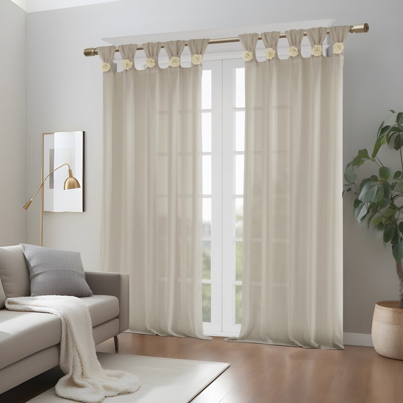 Sheer Elegant Floral Embellished Window Curtains Cuff Tab Top Window ...