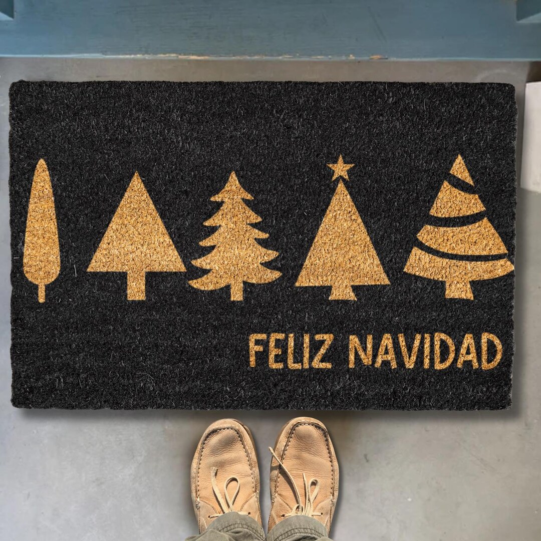 Feliz Navidad Christmas Doormat Christmas Tree Decor Modern Black Coir ...