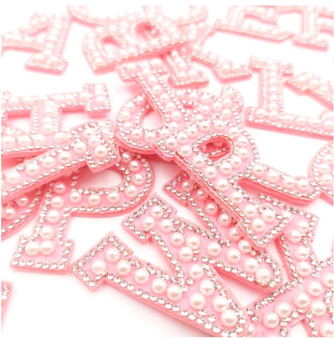 Alphabet Pink & Pearl Rhinestone Crystal Letter Patch Patches Glue ...