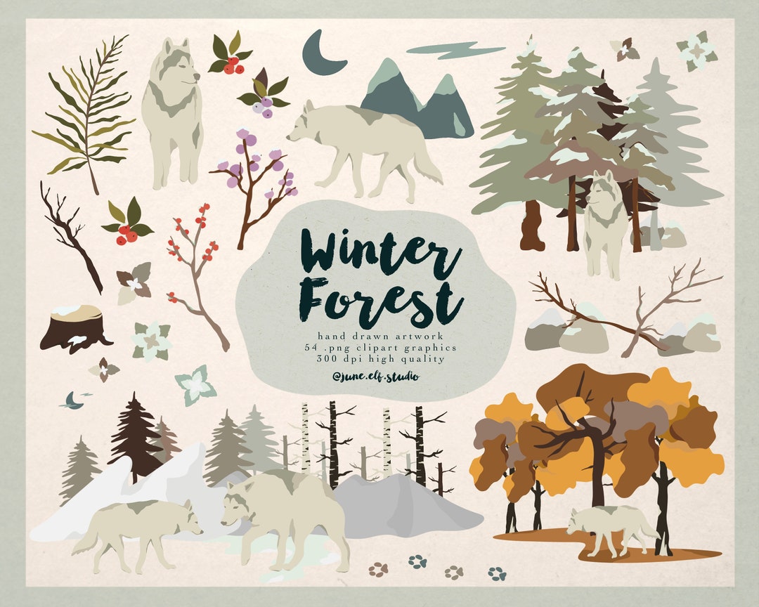 Winter Woodland Forest Clipart – Wolf Tree Mountain Illustration ...