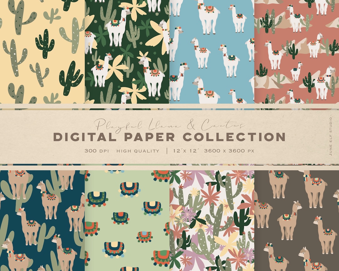 Llama Digital Paper Pack Cactus Scrapbooking Paper Boho Neutral Llama ...