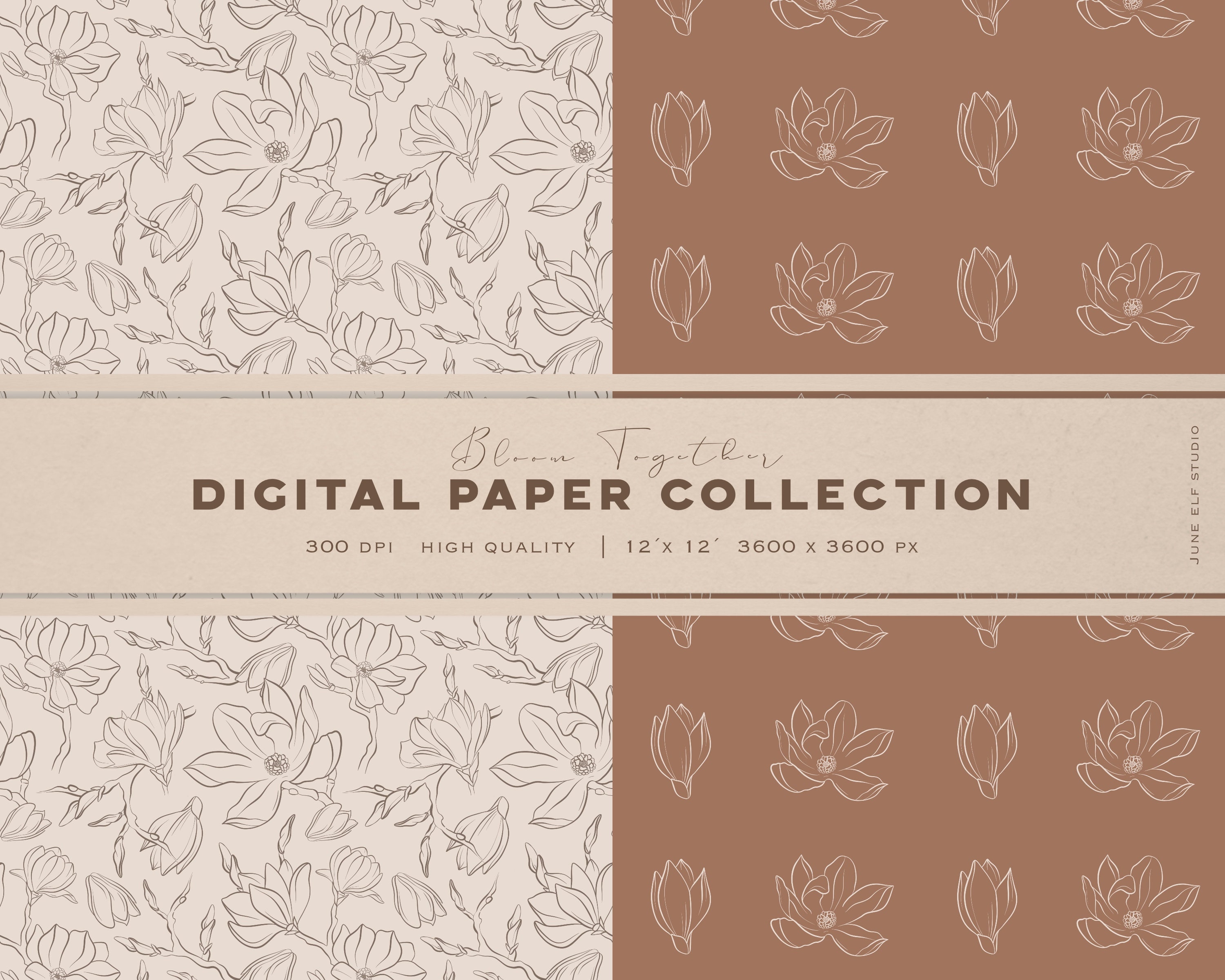 Floral Boho Digital Paper Flower Line Art Pattern Magnolia - Etsy