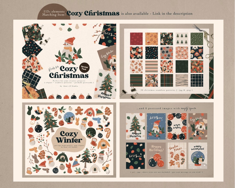 Boho Christmas Clipart – Cute Winter Clipart Graphics – Retro Christmas ...