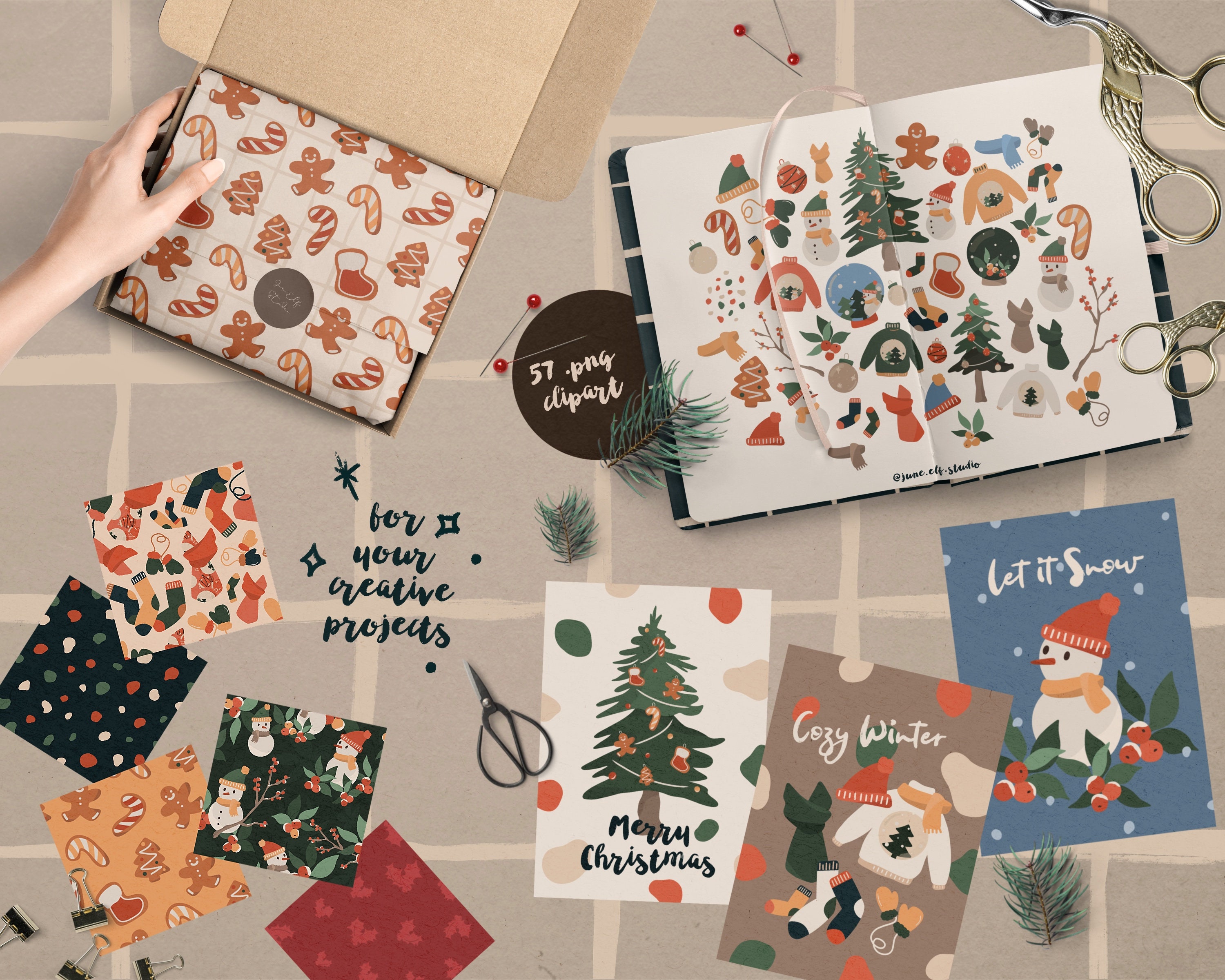 Boho Christmas Clipart Cute Winter Clipart Graphics Retro Christmas Png ...