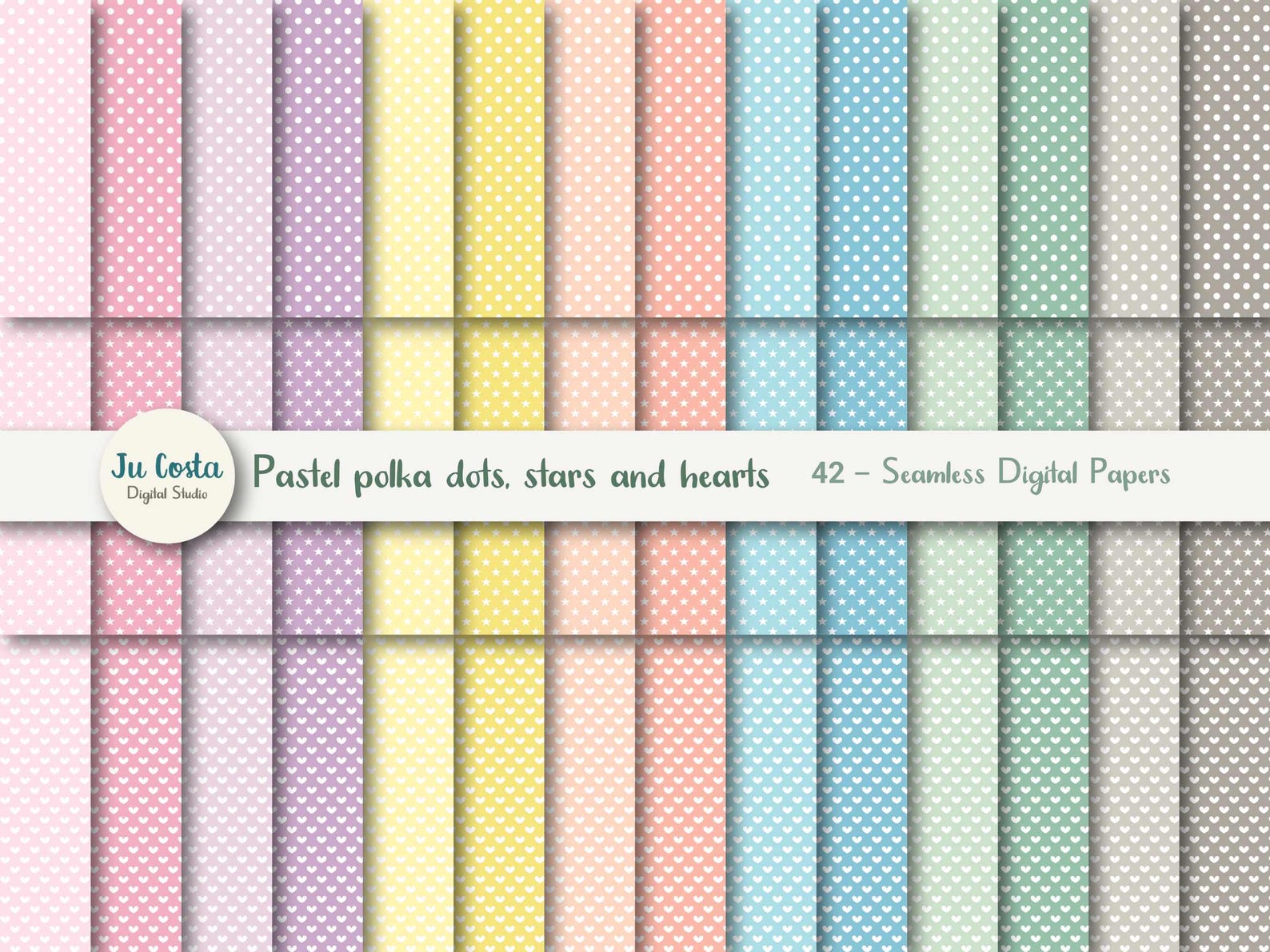 Pastel Polka Dots, Stars and Hearts Patterns. Seamless Patterns ...
