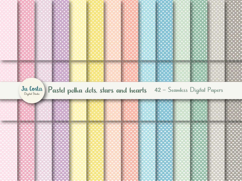 Pastel Polka Dots, Stars and Hearts Patterns. Seamless Patterns ...
