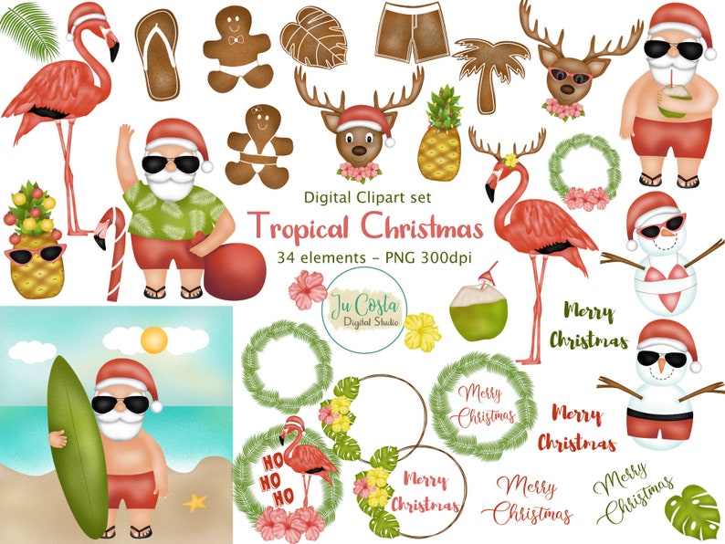Tropical Christmas Digital Clipart. Funny Santa Clipart. - Etsy