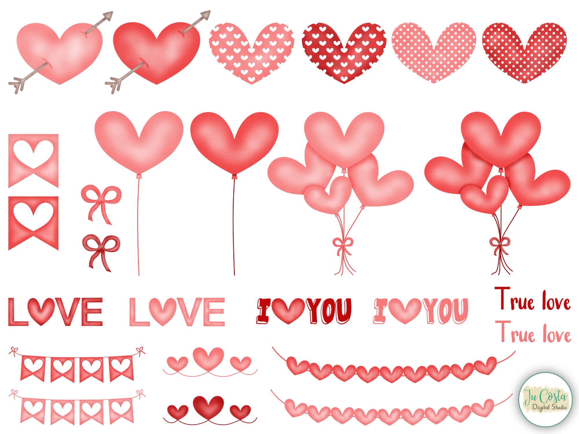 Valentine's Day Digital Clipart. Love Clipart. Red and Pink Hearts ...