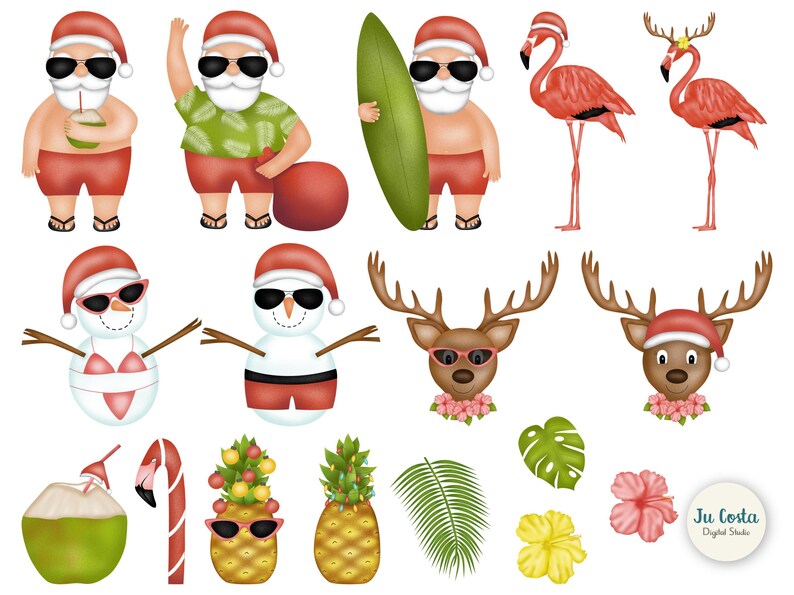 Tropical Christmas Digital Clipart. Funny Santa Clipart. Flamingos ...