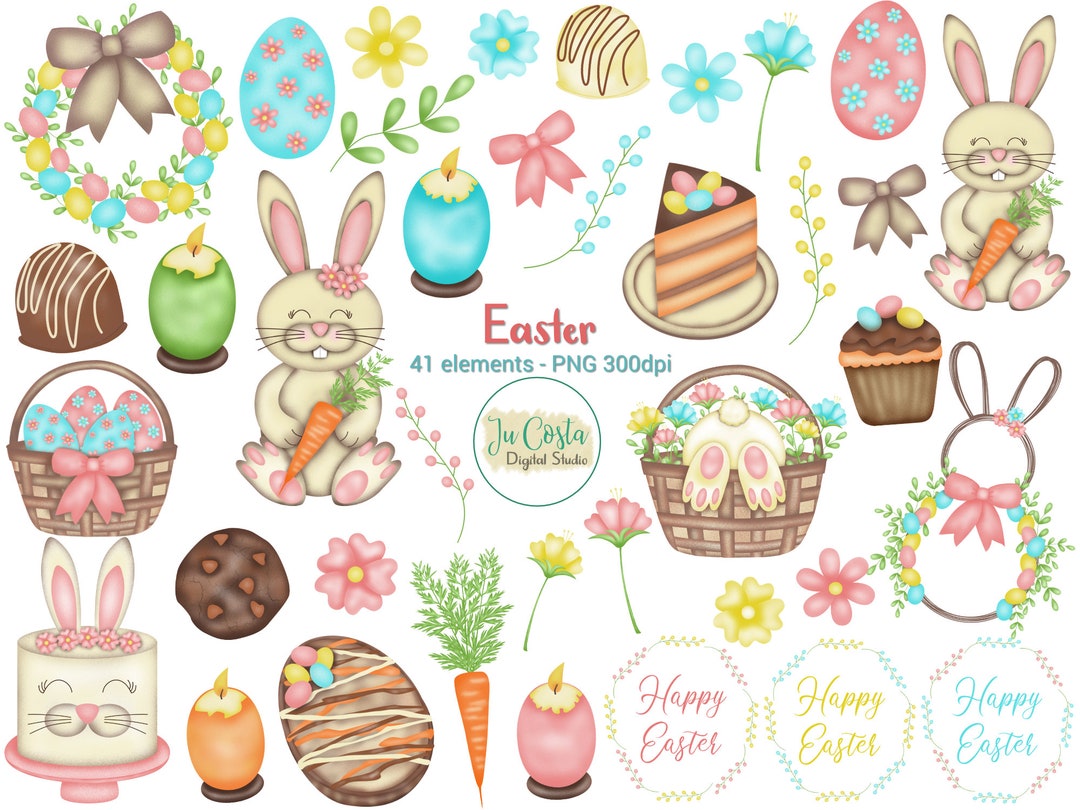 Easter Clipart. Cute Bunny and Flowers Clipart. PNG Elements for ...