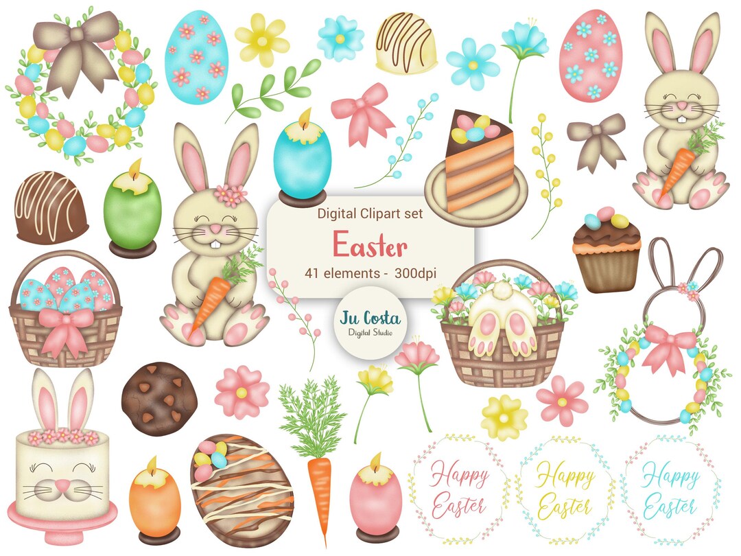 Easter Clipart. Cute Bunny and Flowers Clipart. PNG Elements for ...