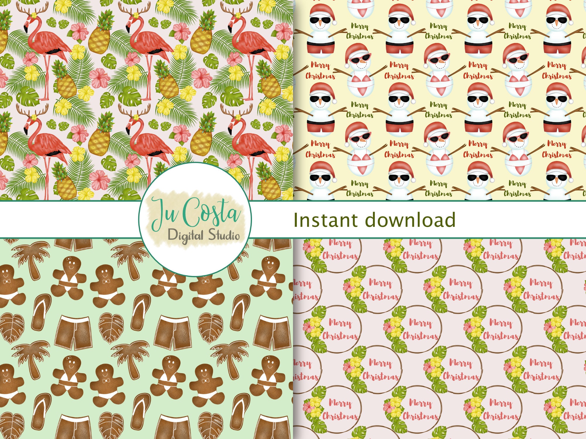 Tropical Christmas Digital Paper. Summer Christmas. Scrapbooking Paper ...