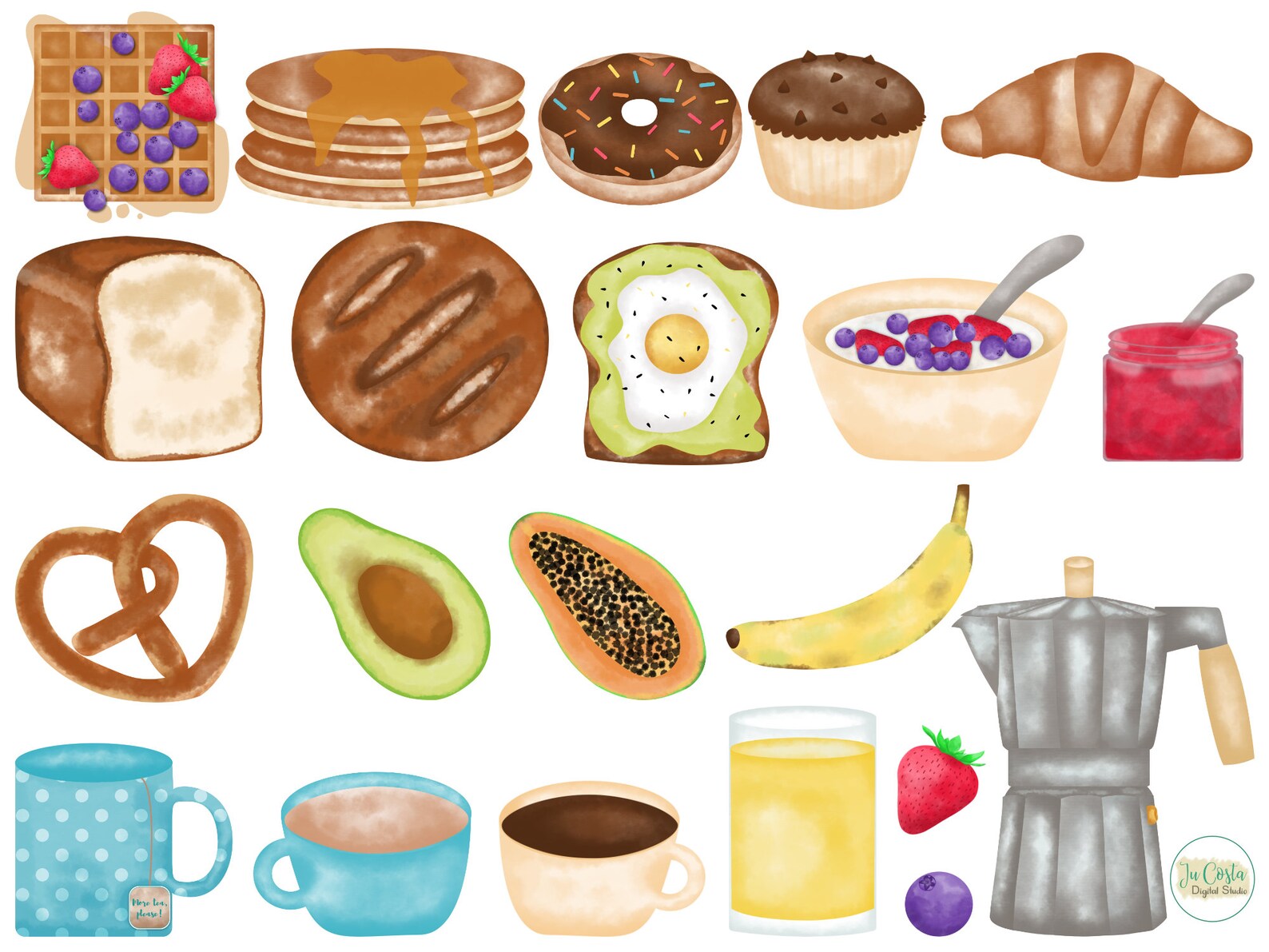 Breakfast Food Clipart. Coffee Time. PNG Elements. Commercial Use ...