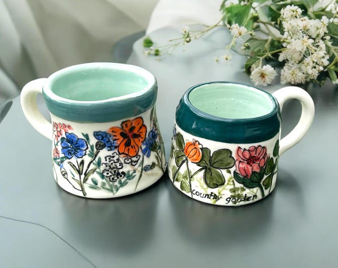 Flowers Design Ceramic Mugs With Oak Wood Coasters • Handmade Pottery ...
