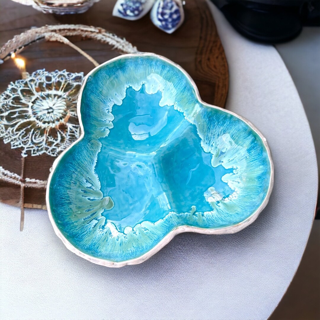 Turquiouse Sectional Platter,, Divided Bowls Ceramic Handmade, Fruit ...