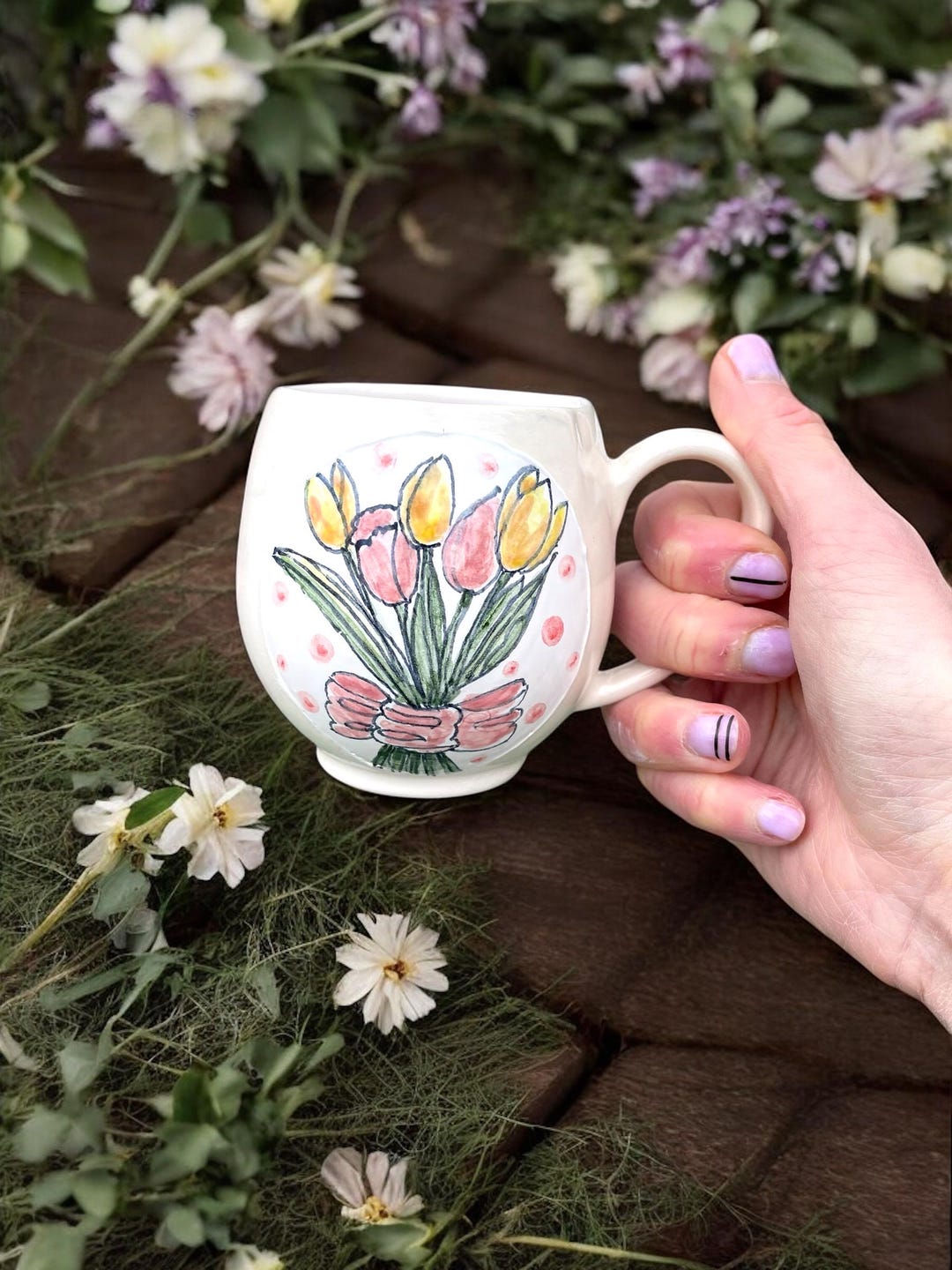 Hand-painted Tulip Mug 300 Ml, Ceramic Coffee Cup, Floral Gift for Her ...