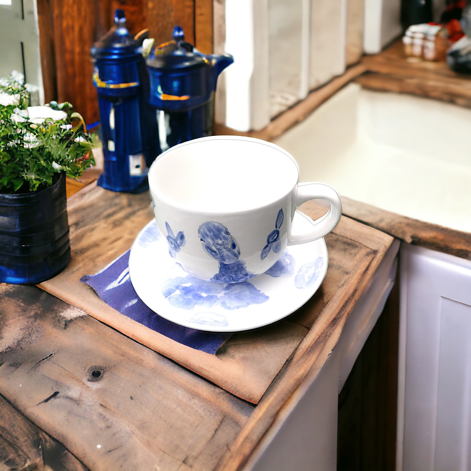 Handpainted Coffee Cup With Saucer, Pottery Cup With Plate Self Blue - Etsy