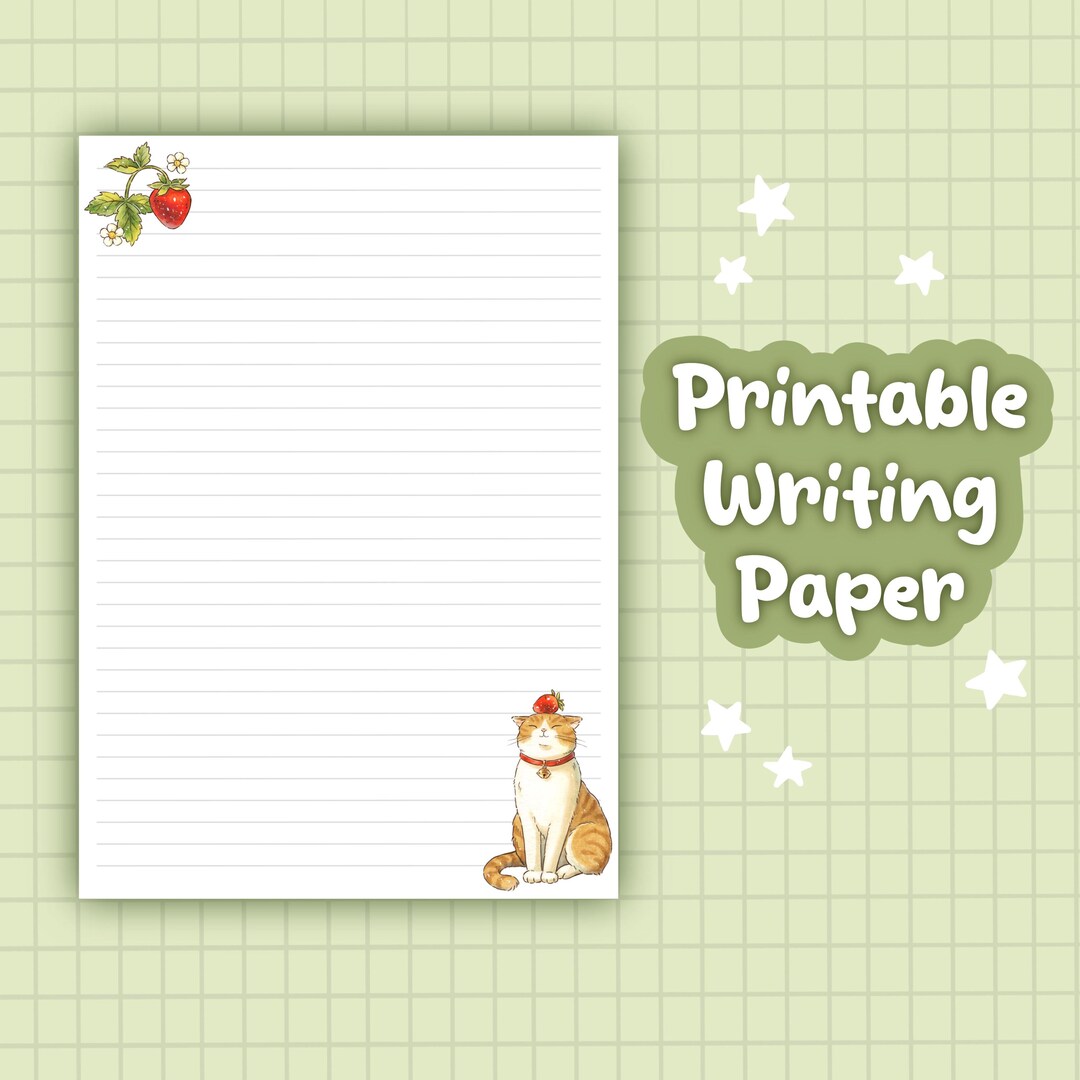 Strawberry Cat Writing Paper Template | Digital Download, Printable ...
