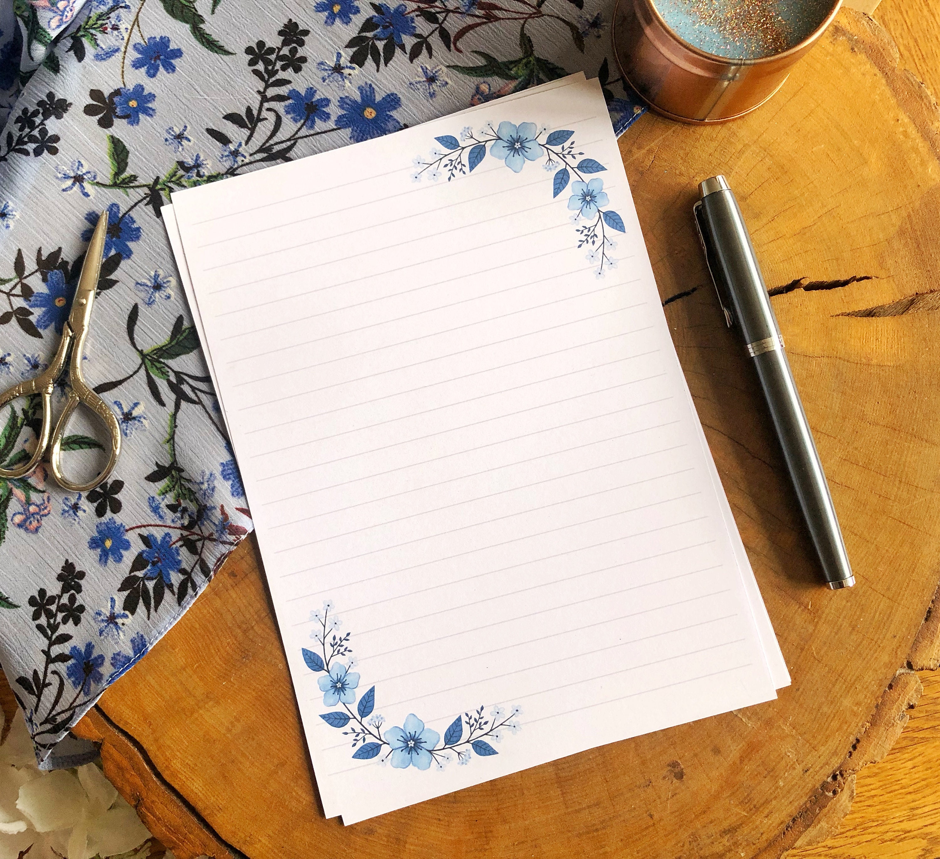 Blue Floral Writing Paper: A4/A5 Sizes, Lined & Blank Sheets - Etsy UK