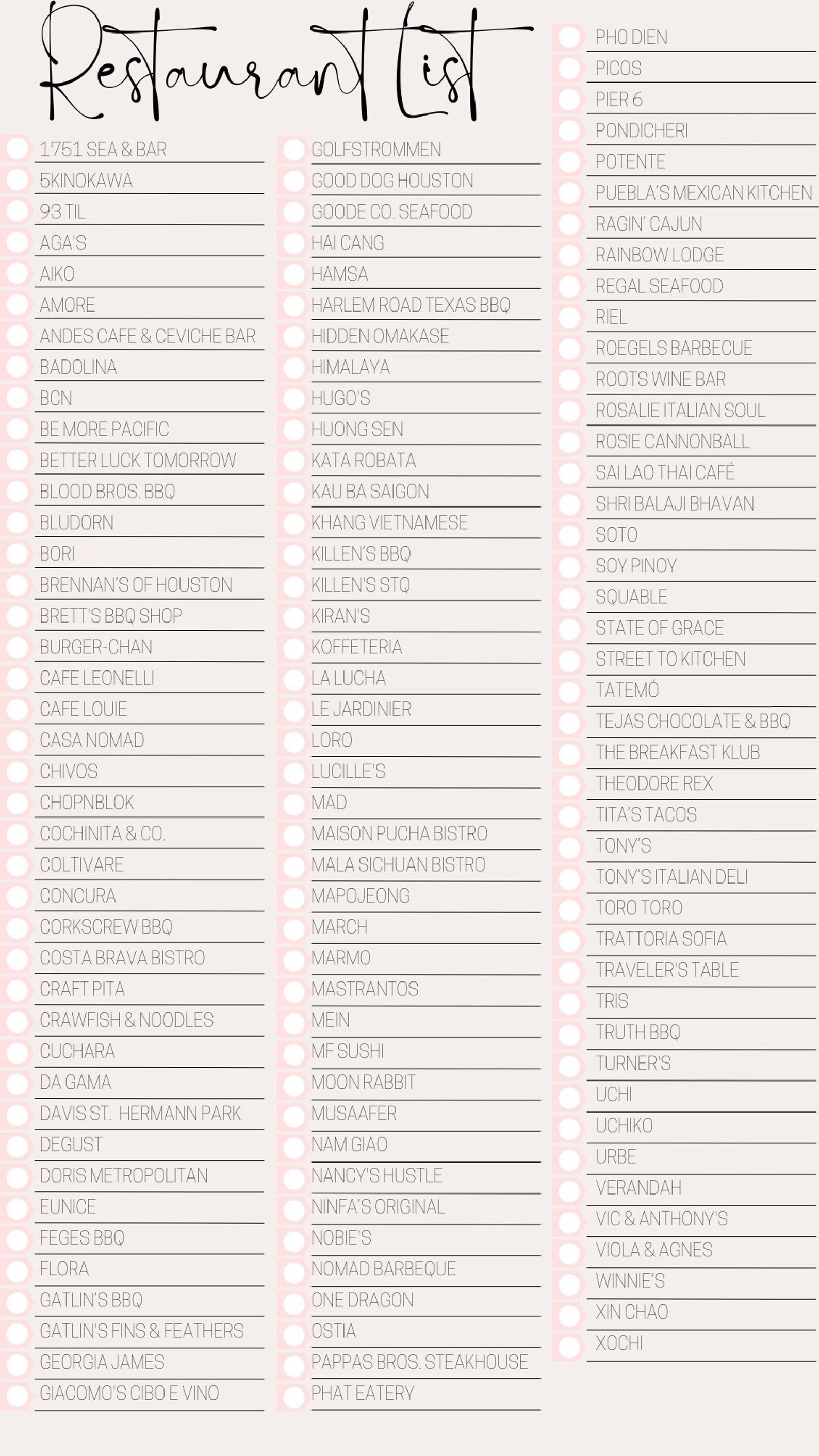 Houston Best Restaurants Checklist - Etsy