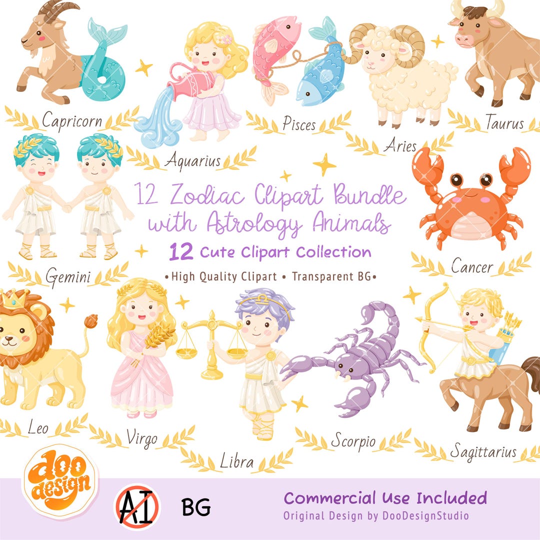 Cute Zodiac Sign Clipart Set, 12 Astrology Animal Illustrations, Kawaii ...