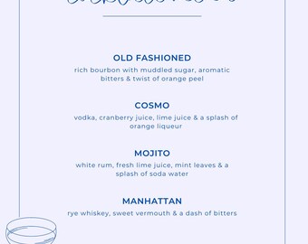 Aesthetic Cocktail/ Bar Menu Sign: Weddings, Parties, Corporate Events ...