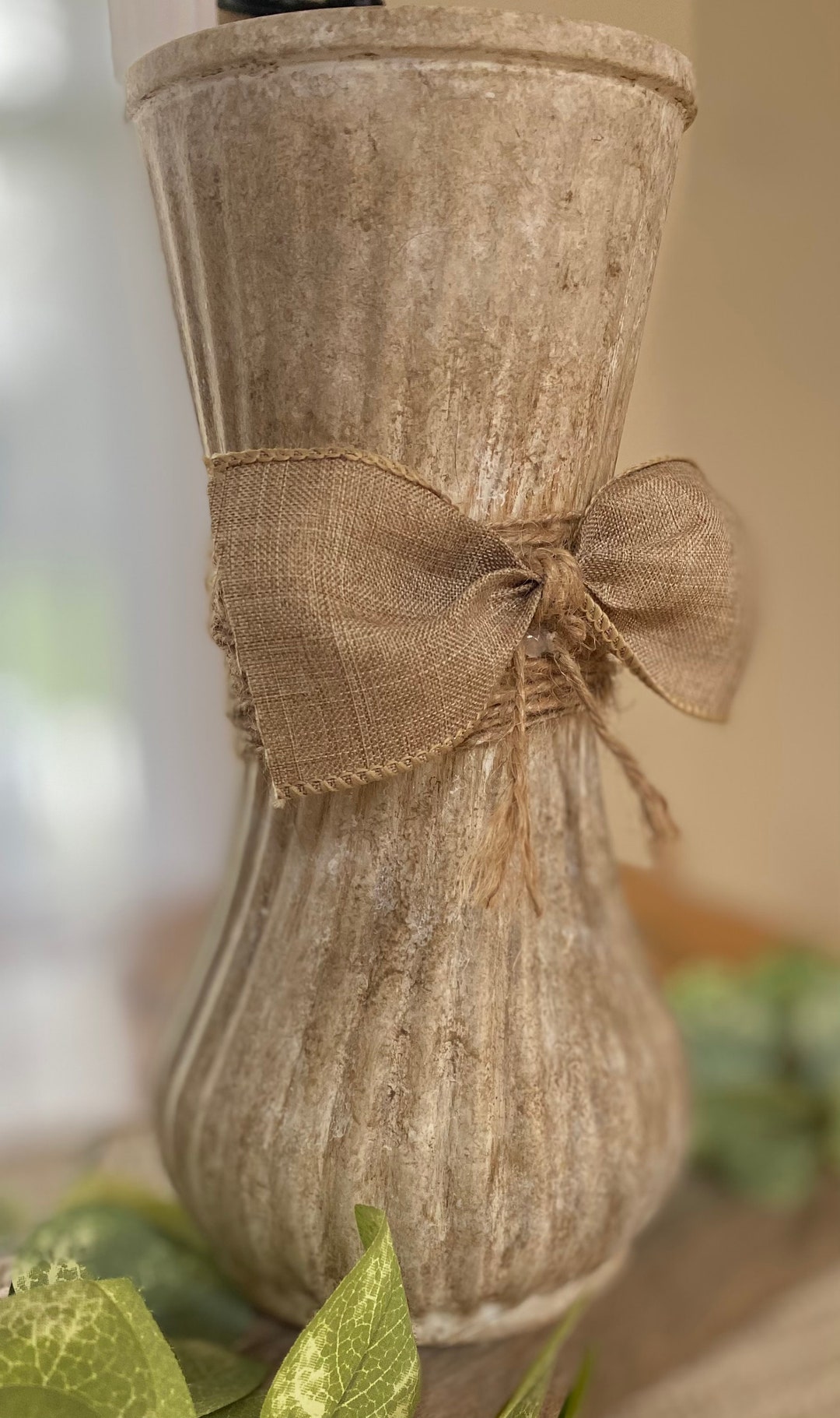 Vase With Bow, Beige Vase, Upcycled Vase, Beige Decor, Vase Decor ...