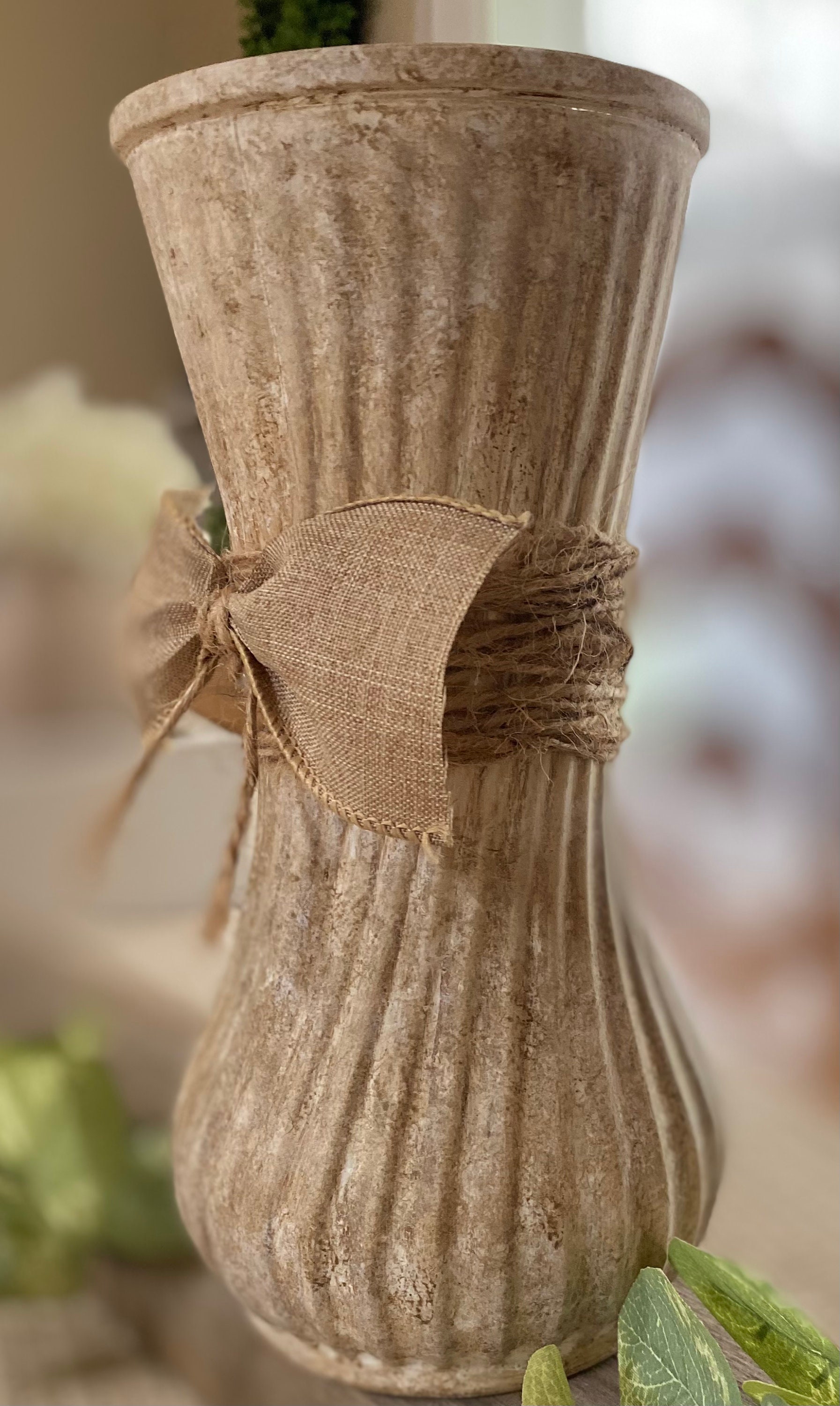 Vase With Bow, Beige Vase, Upcycled Vase, Beige Decor, Vase Decor ...