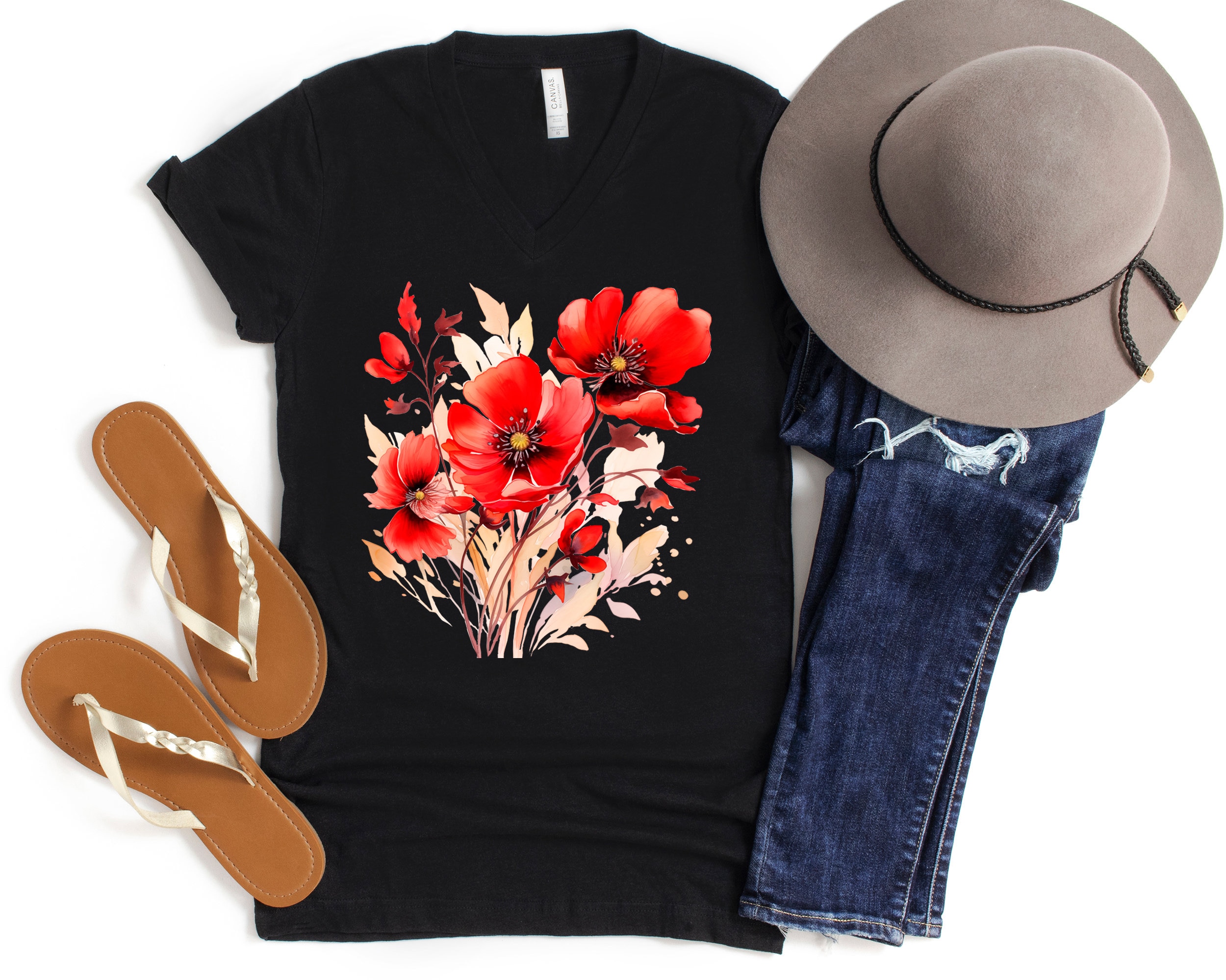 Poppy V-neck Shirt, Watercolor Poppy T Shirt, Womens Flower V Neck T ...