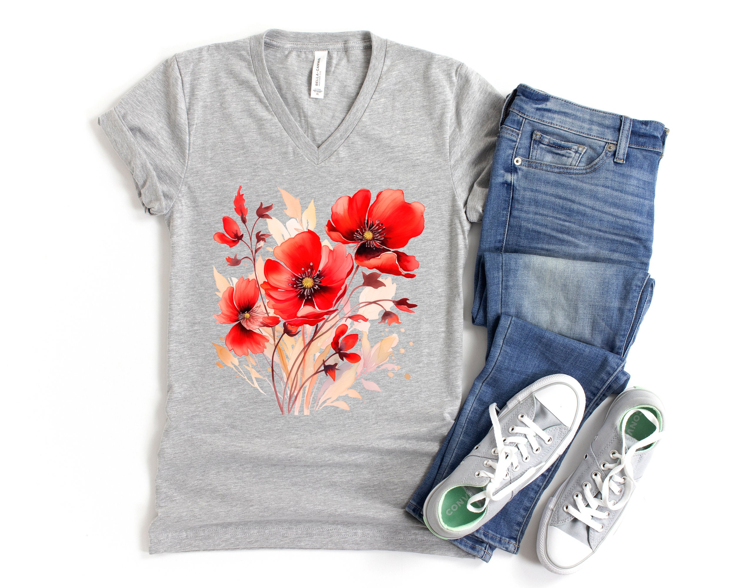 Poppy V-neck Shirt, Watercolor Poppy T Shirt, Womens Flower V Neck T ...