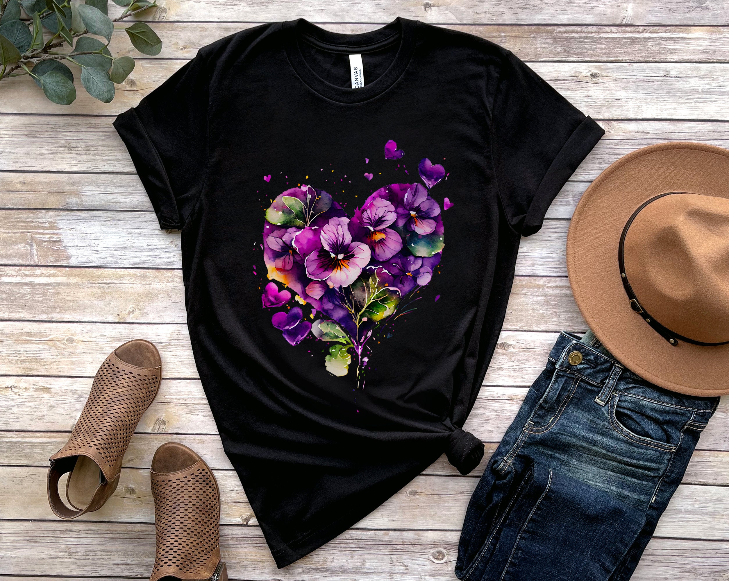 Violet Heart T-shirt, Flowers Shirts for Women, Boho Shirts, Violet ...