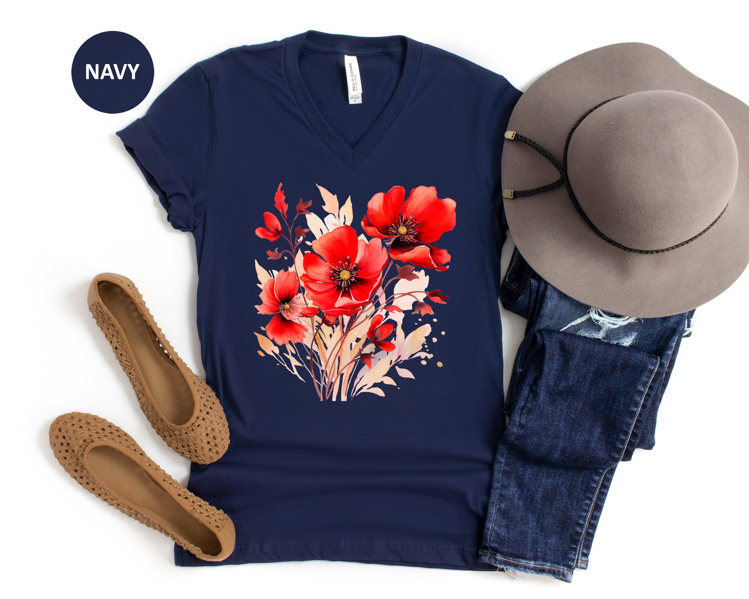 Poppy V-neck Shirt, Watercolor Poppy T Shirt, Womens Flower V Neck T ...