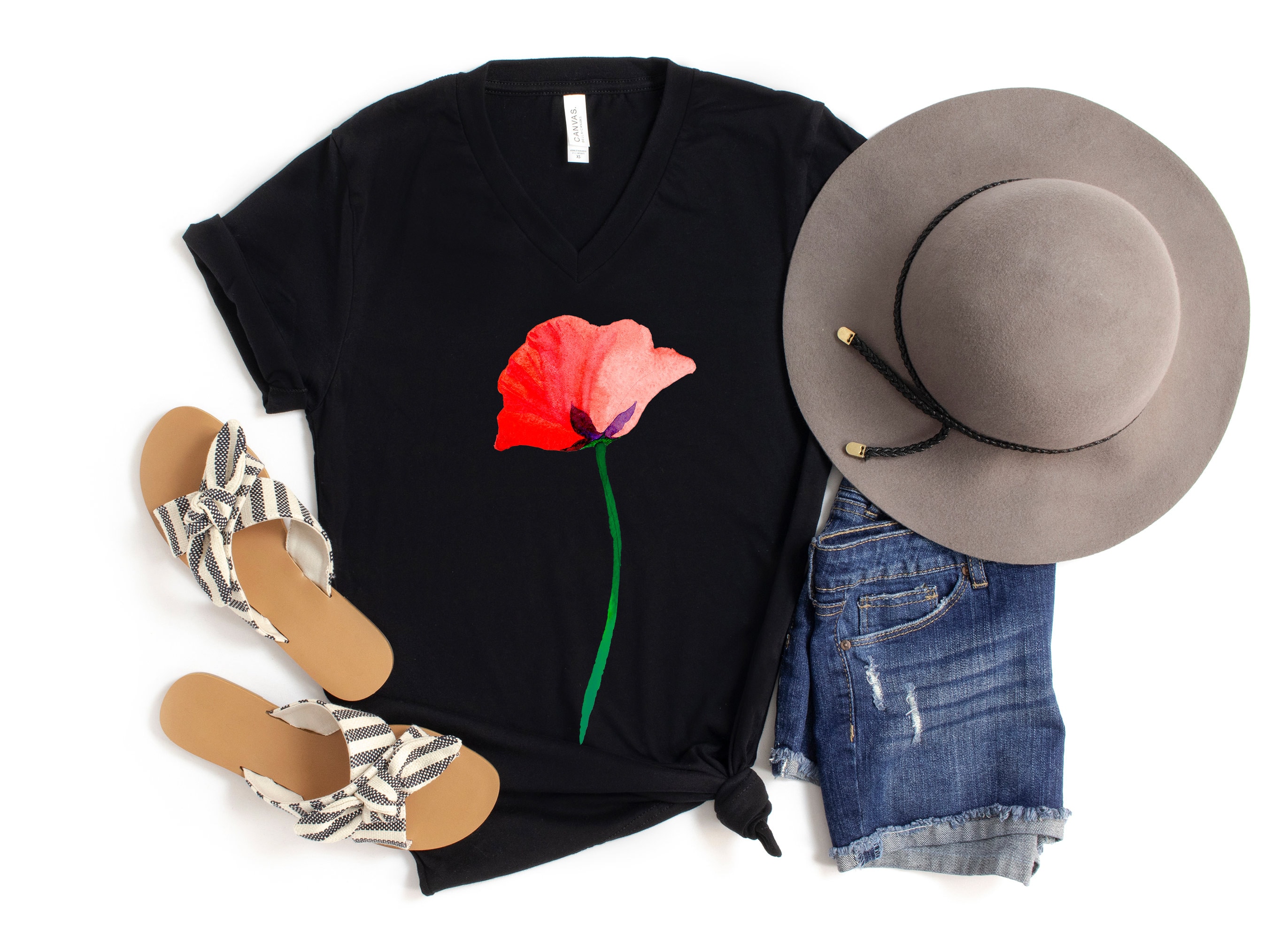 Poppy V Neck T Shirt, Watercolor Poppy T Shirt, Womens Flower V Neck T ...