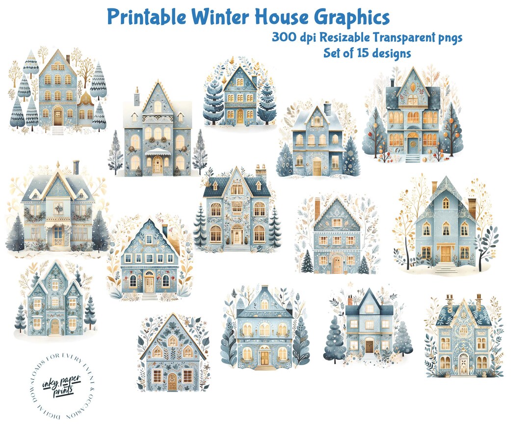 Winter House Clipart, Holiday Village Graphics (set of 15) - Etsy