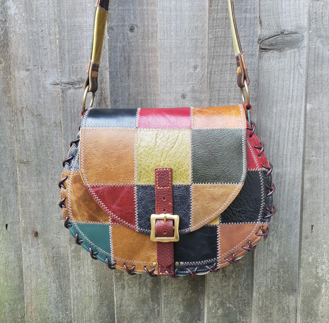 70's Style Leather Patchwork Shoulder Bag - Etsy