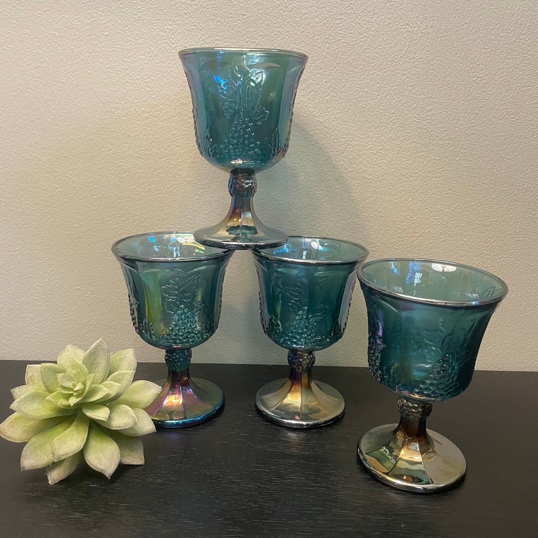Set of 4 Blue Harvest Carnival Glass Goblets - Vintage Colony ...