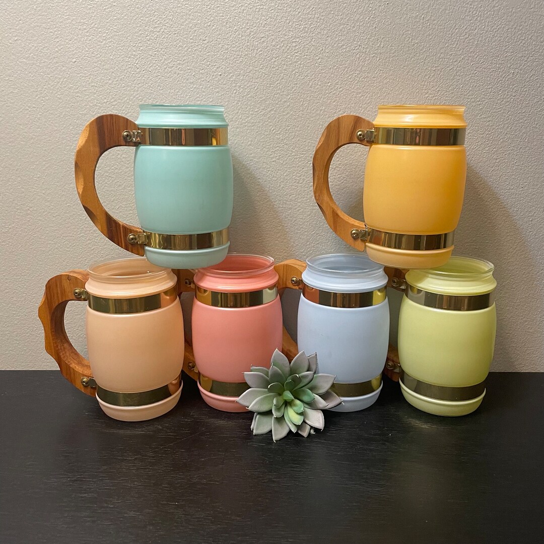 Vintage Siesta Ware Frosted Mugs: Pastel Barrel Glass With Wooden ...
