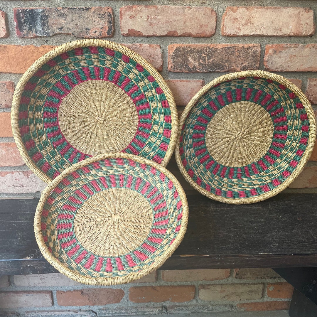 Set of 3 Colorful Decorative Woven Shallow Baskets Boho Baskets Pink ...