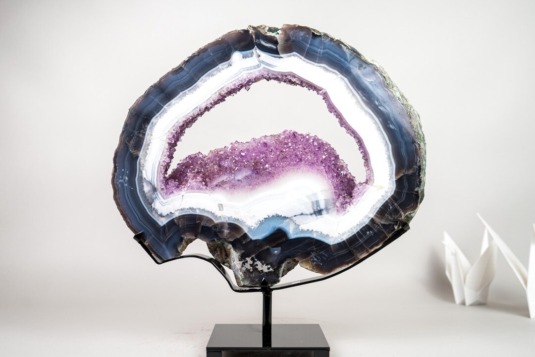 Rare Blue & White Lace Agate Geode Slice With Purple Amethyst Druzy on ...