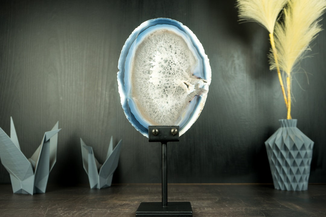 Rare Natural Blue and Bone-white Banded Agate Slice, Premium Agate ...