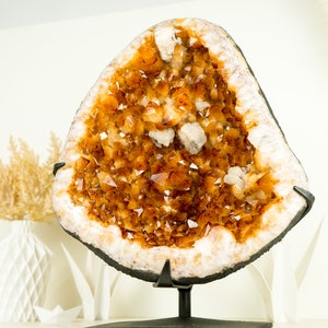 Large Rich Yellow Citrine Geode on Stand With a Delicate Calcite Flower ...