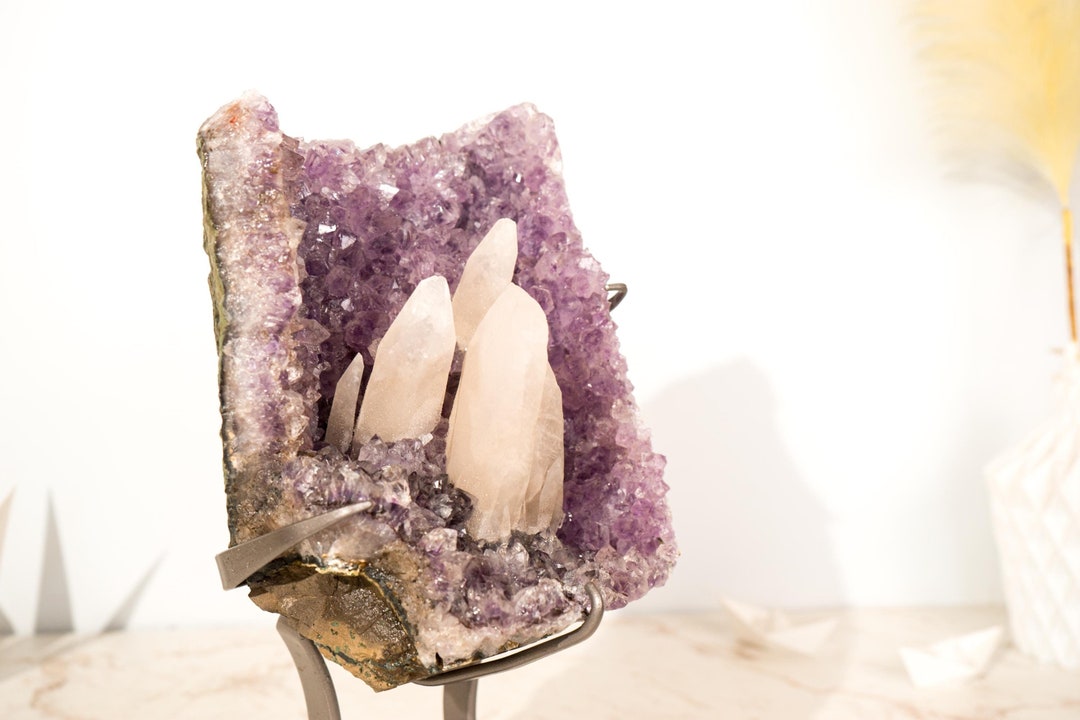 Amethyst Cluster With Rare Uv-reactive Calcite on Lavender Purple Druzy ...